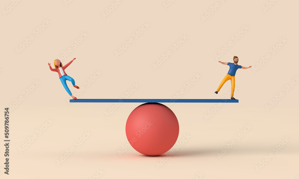 Man and woman balancing on a seesaw. 3D Rendering Stock Illustration ...