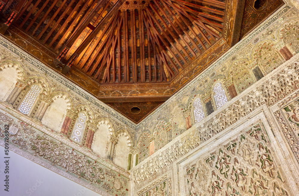 Toledo, Spain - June 31, 2022. Ceiling detail over the western wall of ...