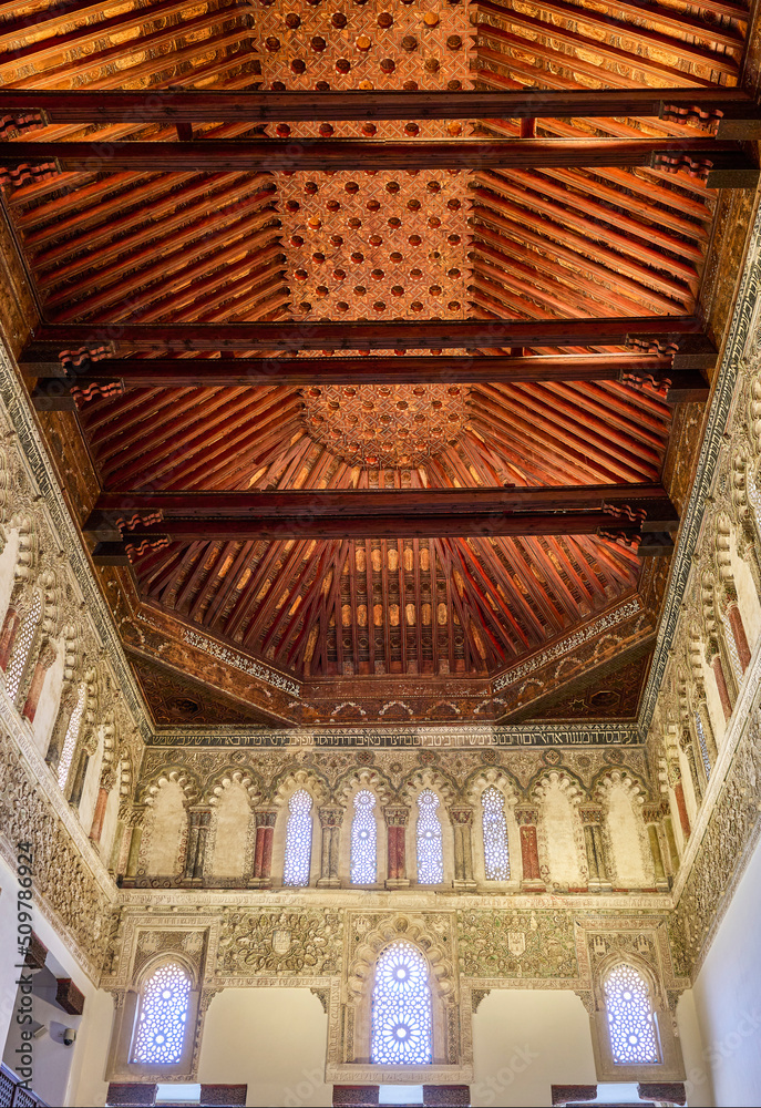 Toledo, Spain - June 31, 2022. Ceiling over the western wall of the El ...