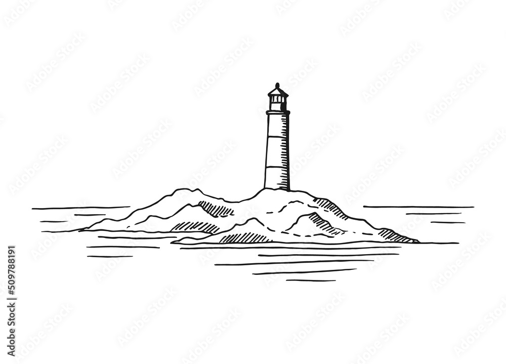 Seascape. Lighthouse. Hand drawn illustration converted to vector. Sea ...