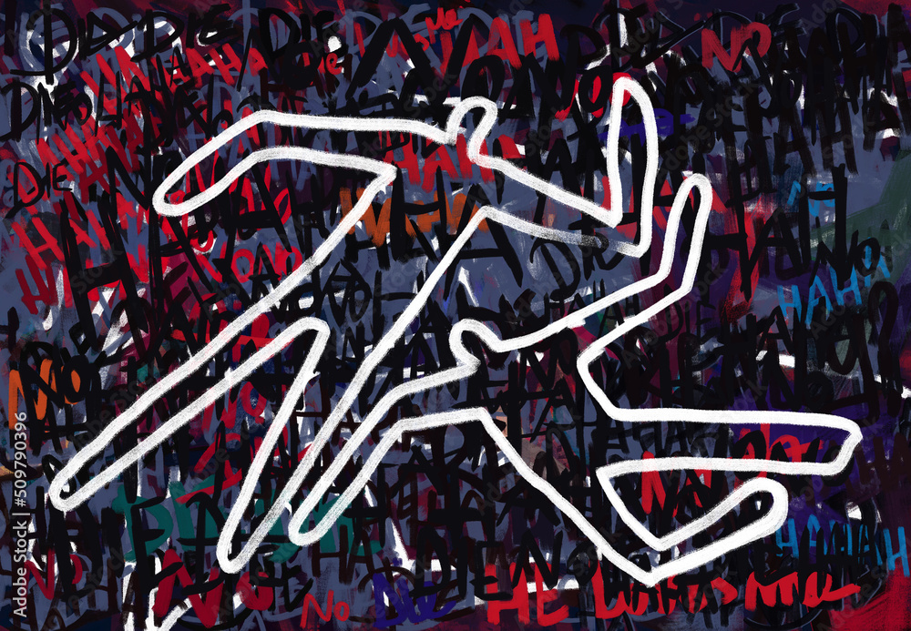 Chilling graffiti typo wall, character outline, crime scene silhouette ...