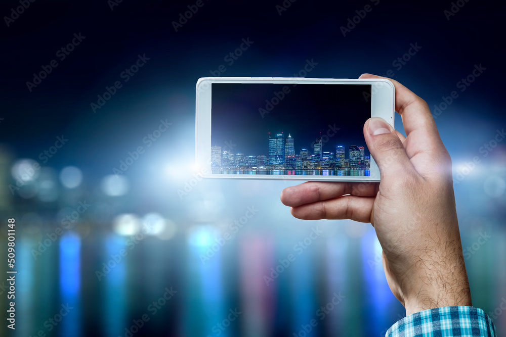 Hand holding smartphone mobile . Mixed media Stock Photo | Adobe Stock