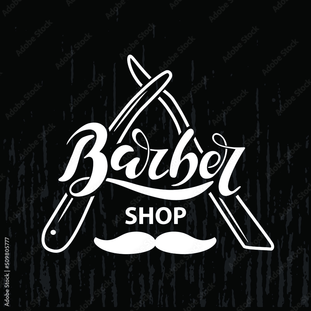 Barbershop. White letters inside razor with moustache. Digital ...