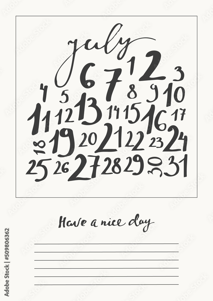 July calendar with calligraphy month name, uneven numbers. Stock Vector ...