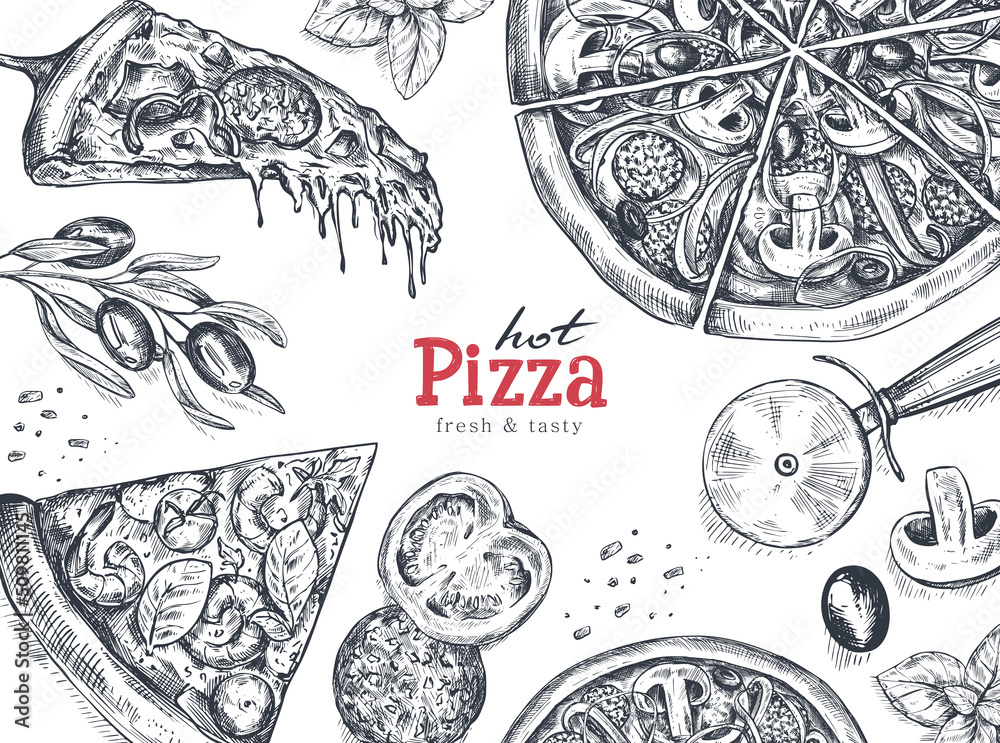 Hand drawn vector background with pizza and ingredients in sketch style ...