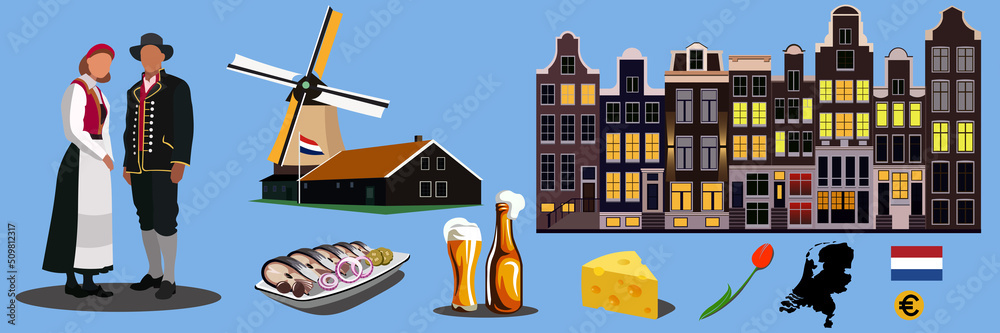 Netherlands country illustration set. Characters in national costume ...