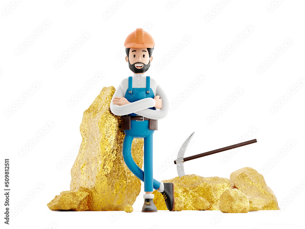 Gold digger character miner mining gold on white background, 3d ...