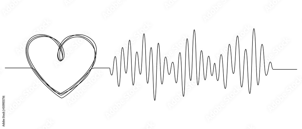 One continuous line drawing of doodle heart with pulse. Sound wave ...