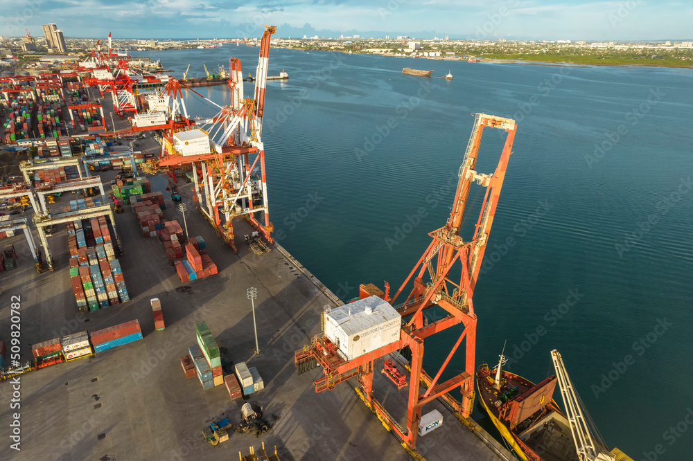 Cebu City, Philippines - Aerial of Container Gantry cranes in the Port ...