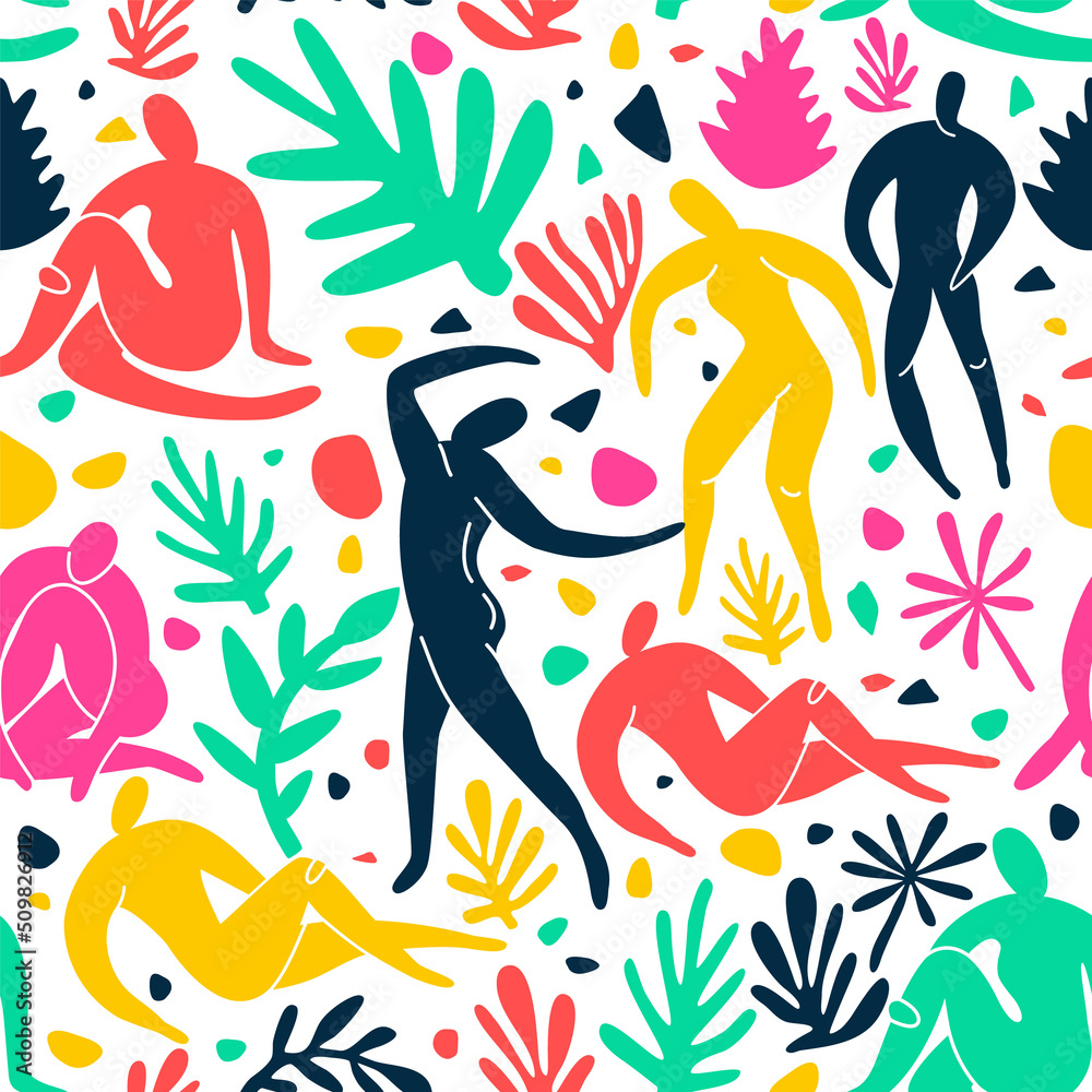 Seamless pattern abstract people doodle and nature icons on isolated ...