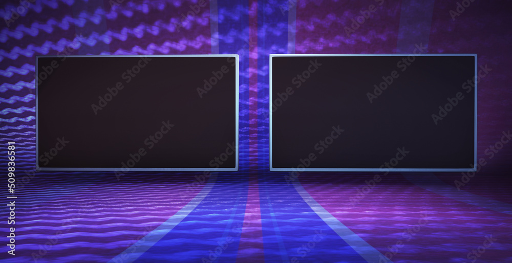 Virtual studio panel with two screens. TV broadcast background with an ...