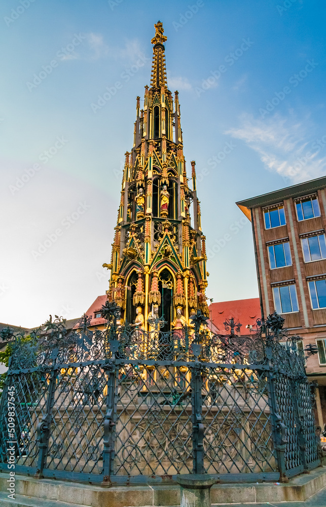 Great close-up view of the Schöner Brunnen (beautiful fountain), a 14th ...