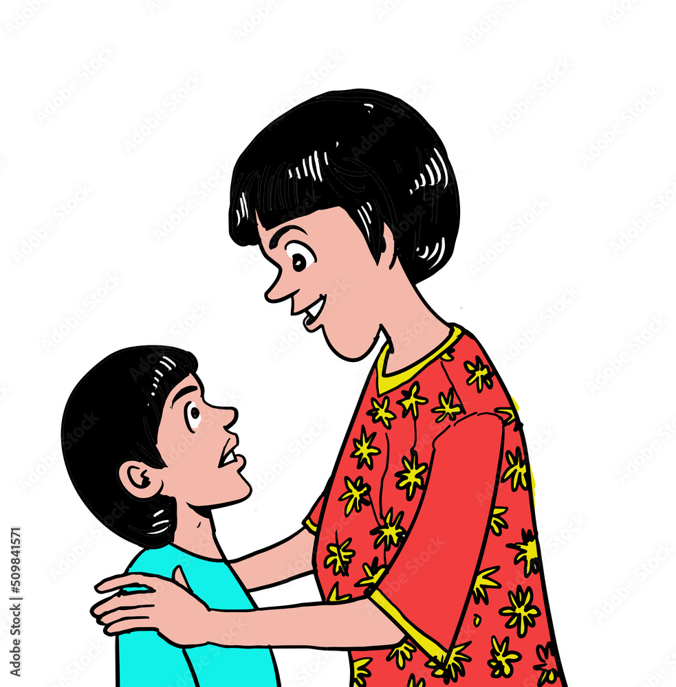 In the cartoon is a girl and her Mom talking. Stock Vector | Adobe Stock