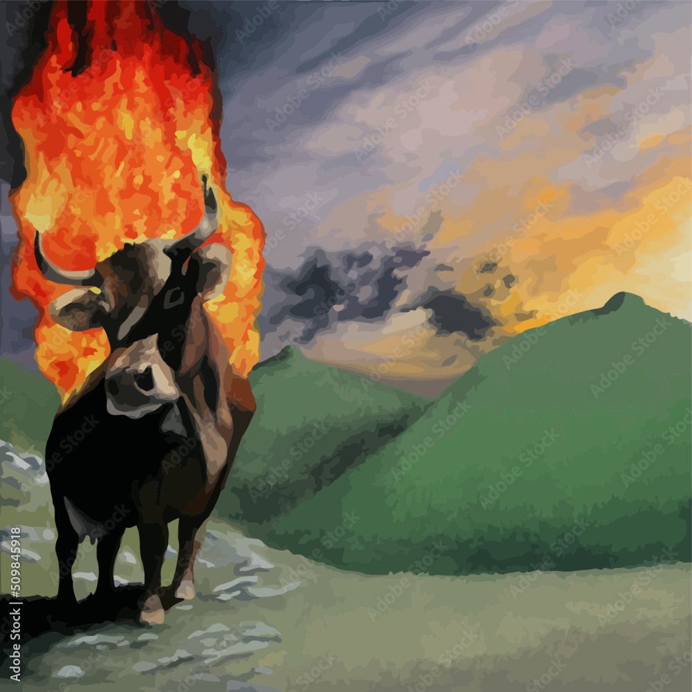burning cow, surreal art vector illustration with landscape Stock ...