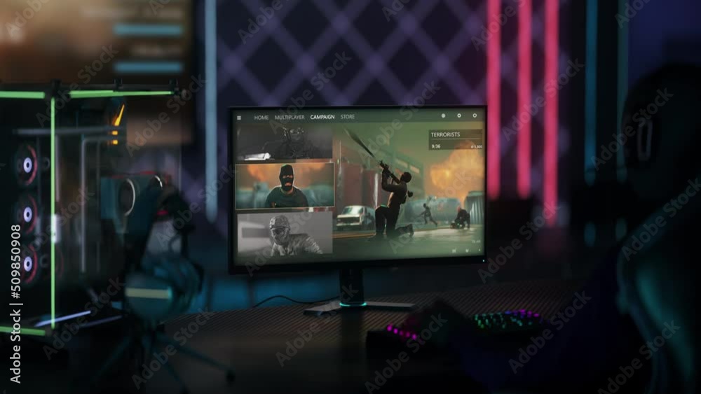 Player Gaming On Modern Powerful PC Selects Mission And Character In ...