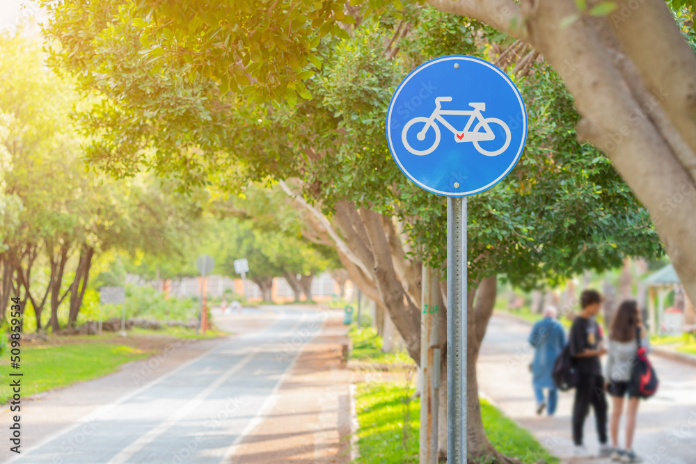bike path in a park with painted pavement and road signs. Eco-friendly ...