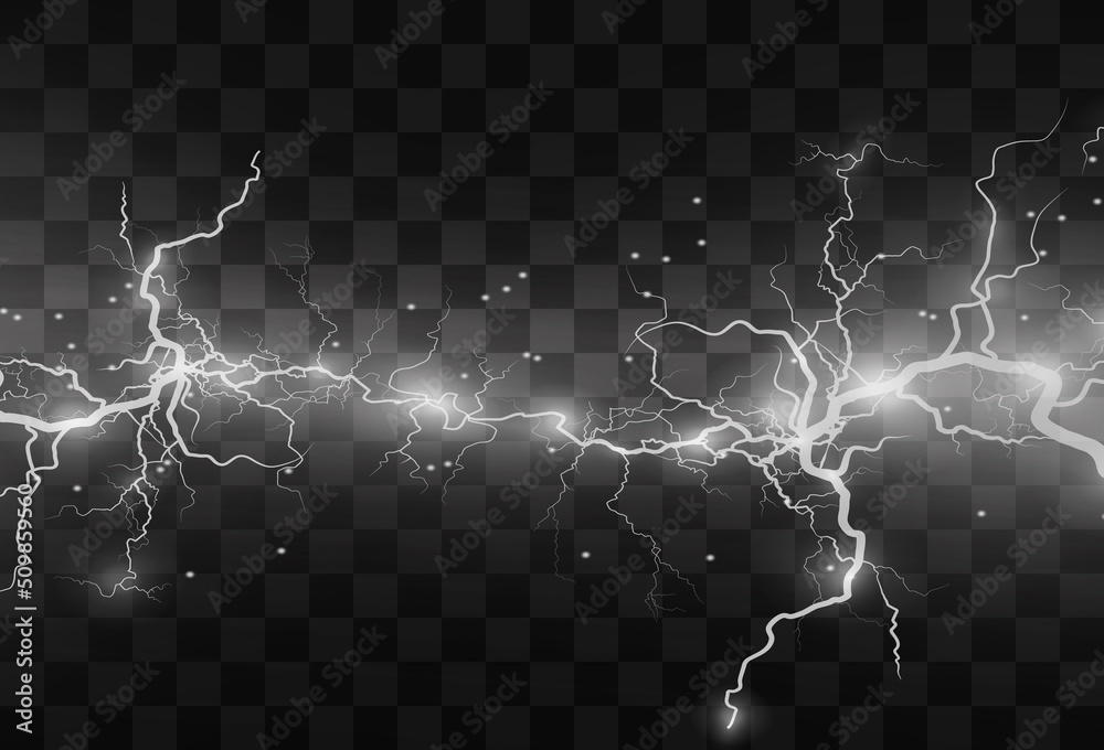 Realistic lightning bolts on a black transparent background. the charge ...