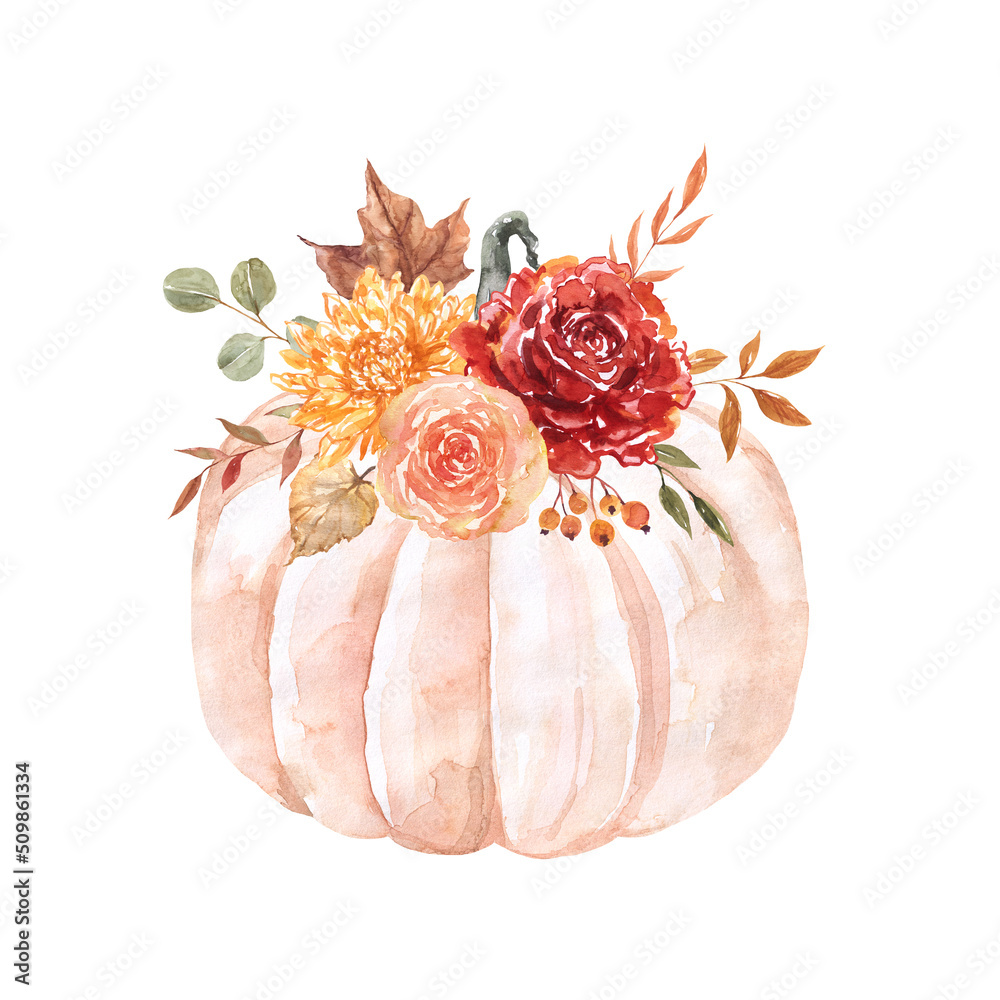 Watercolor pastel pink pumpkin and beautiful floral arrangement ...