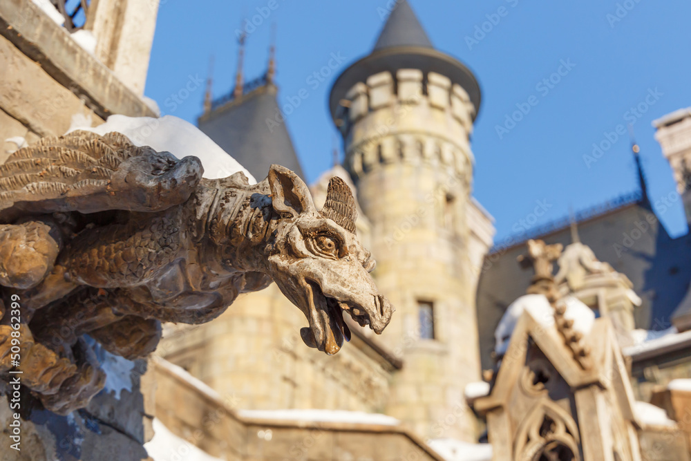 The concept is a background for a postcard. Gargoyle statue on the ...