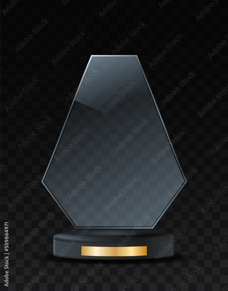 Award trophy concept. Unusual polygon made of glass on golden stand ...