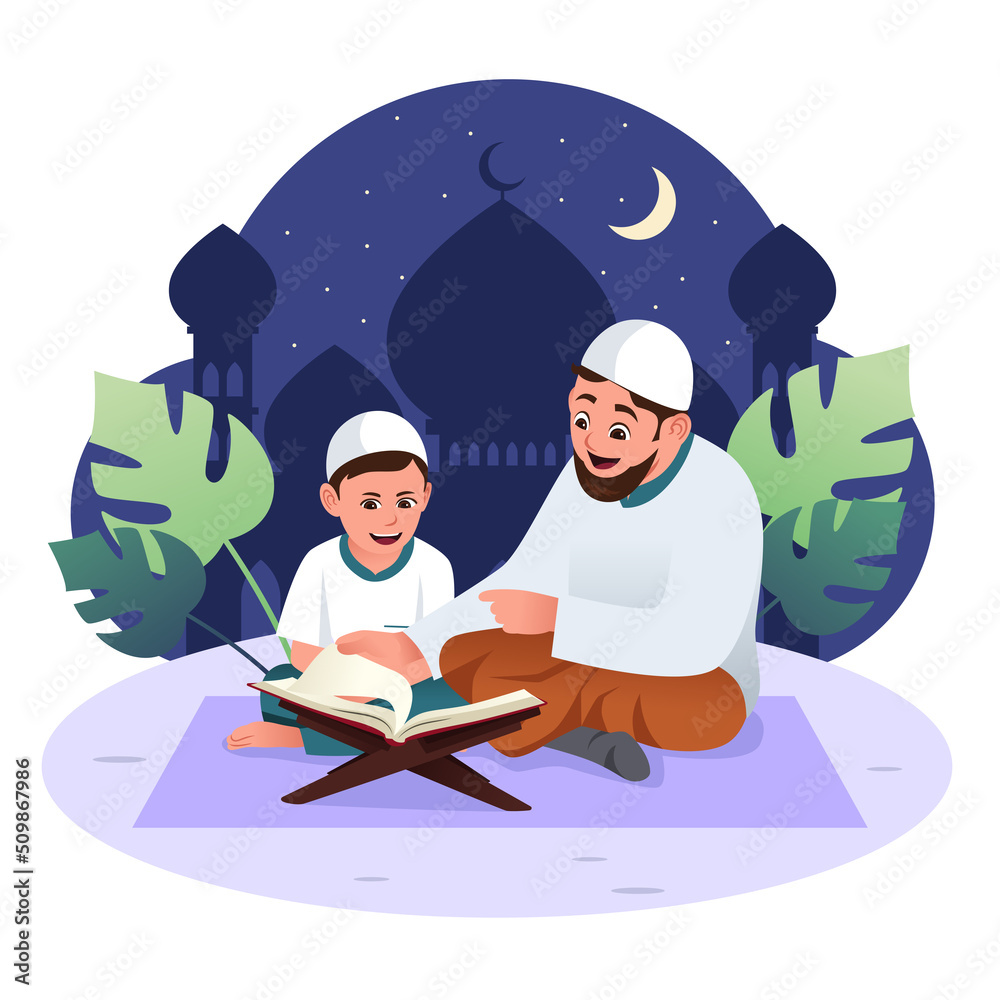 Muslim Father and Son Studying Quran Vector Illustration Stock Vector ...