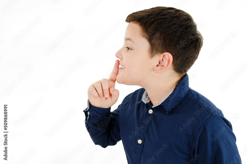 Cute young boy asking, posing to keep silence, standing. Isolated on ...