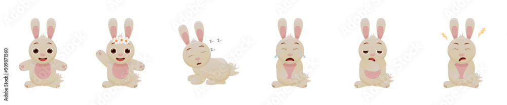 Set of vector illustrations of a hare, rabbit. Emotions: smiling ...