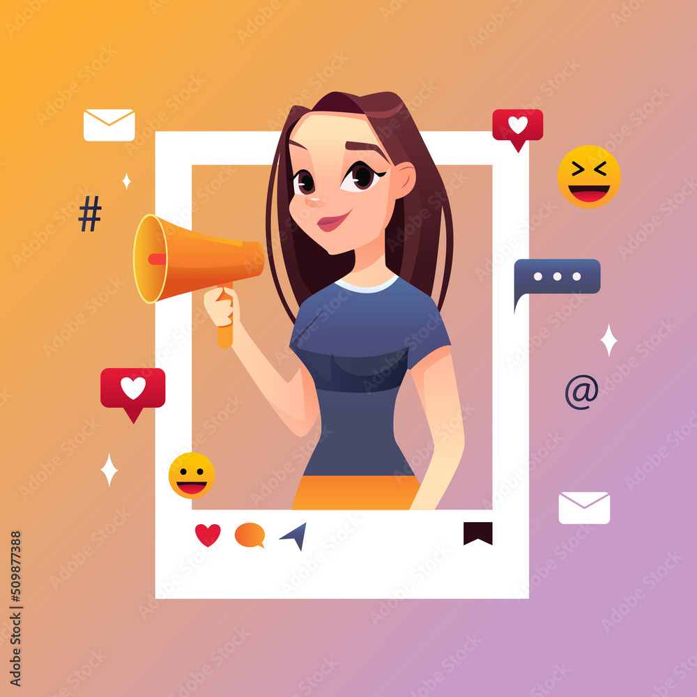 Beautiful woman social media influencer. Loud speaker and social media ...