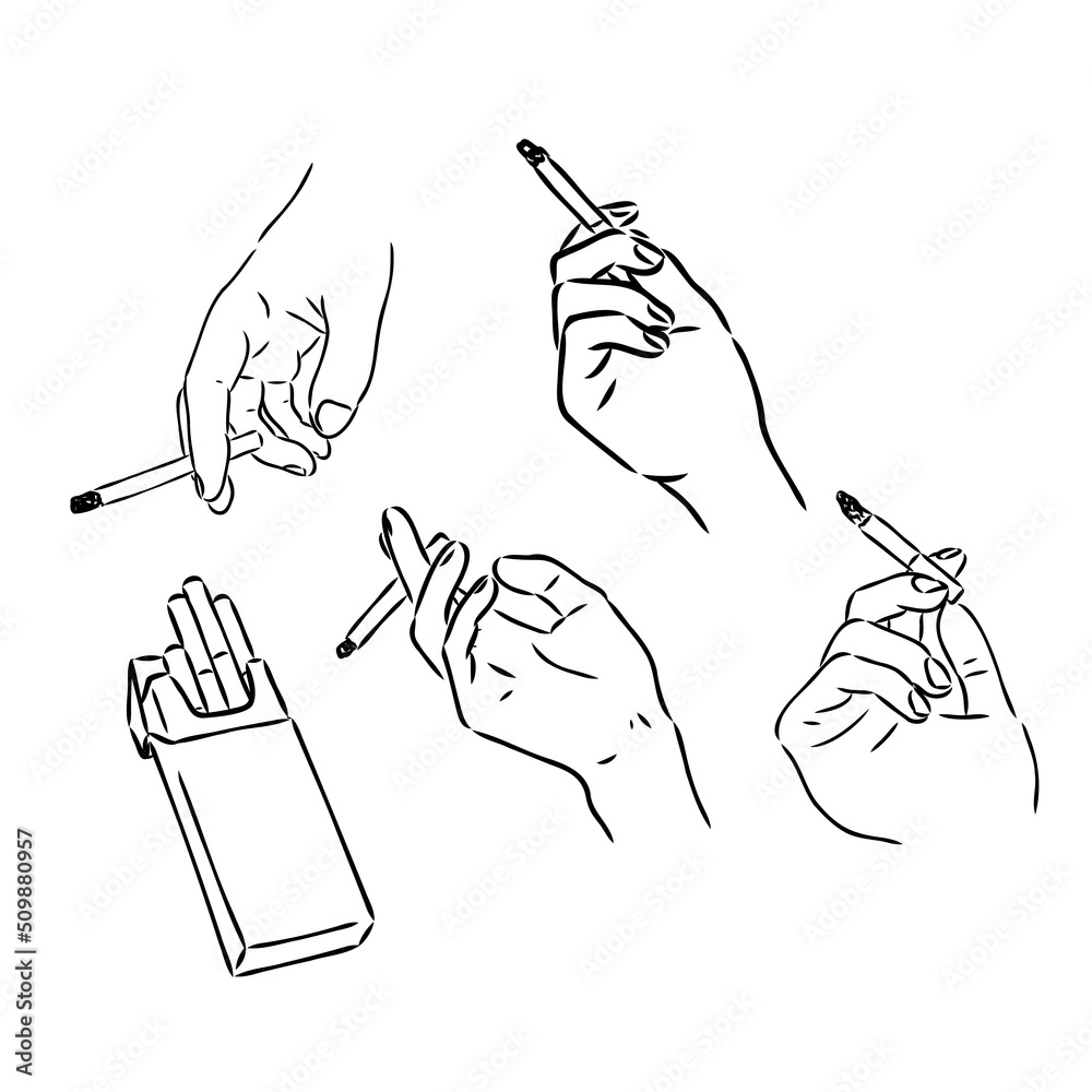 Vetor de Black and white contour Male hand holding burning, smoking ...