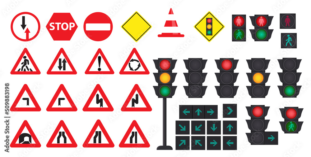 Traffic concept with traffic lights and road signs. Vector illustration ...