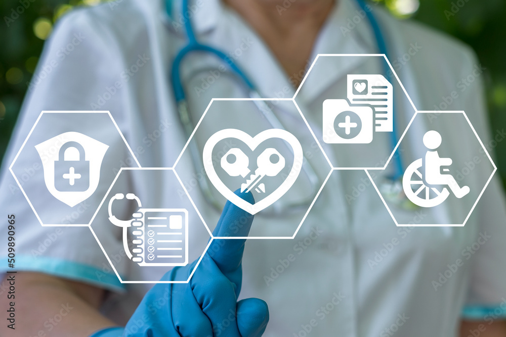 Doctor or nurse using virtual touchscreen clicks of heart with keys ...