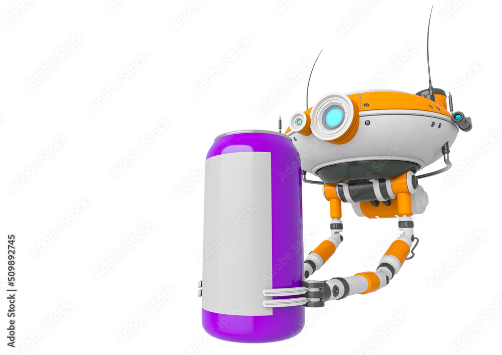 floating robot is holding a fizzy drink can in white background side ...