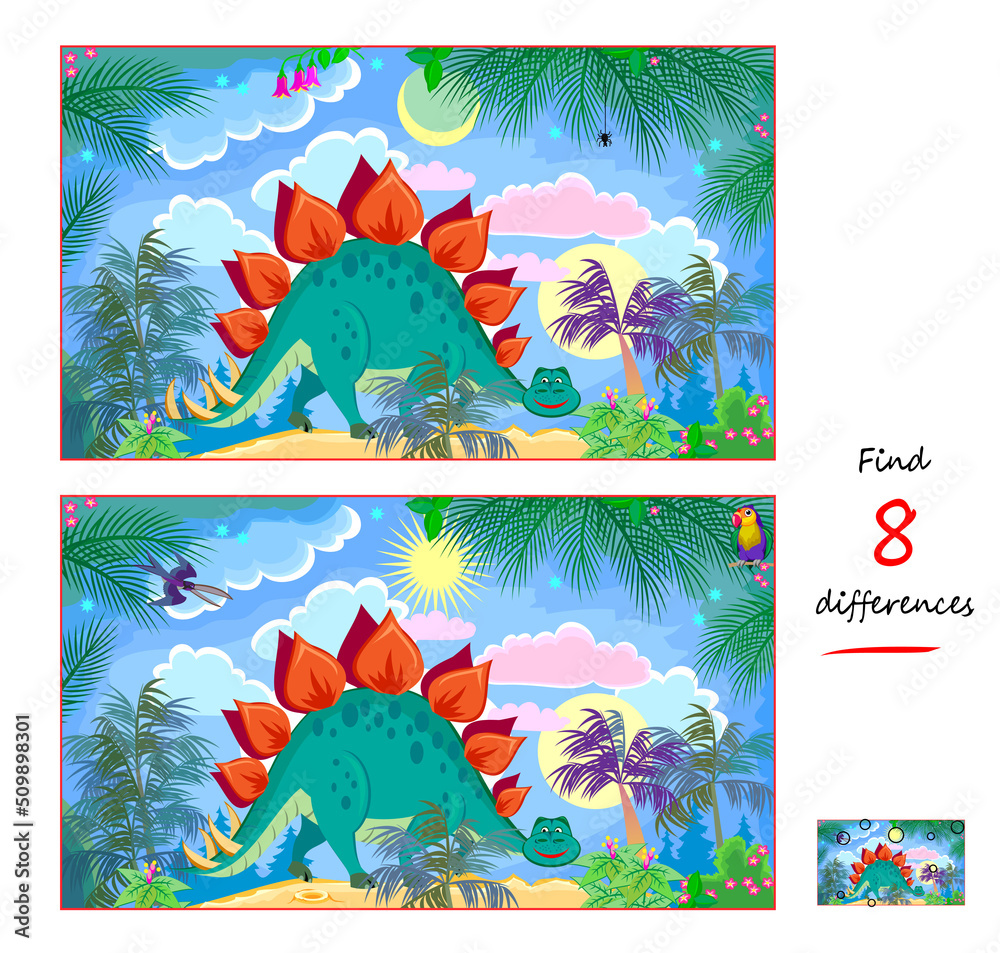 Find 8 differences. Illustration of cute dinosaur. Logic puzzle game ...
