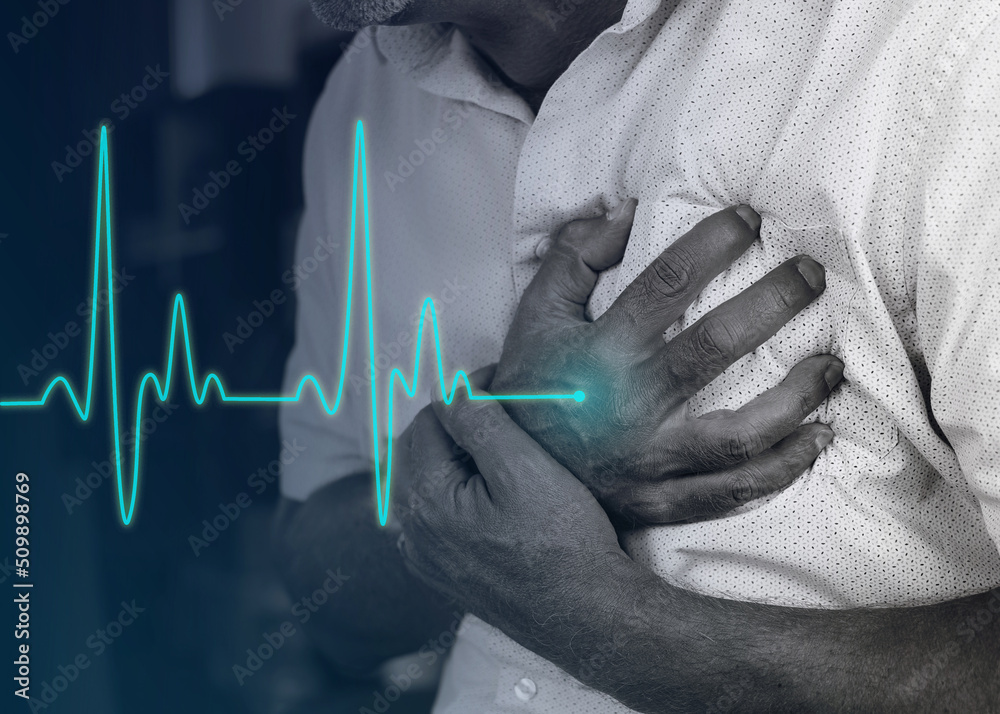 Caucasian adult man in white shirt having chest pain with heartbeat ...
