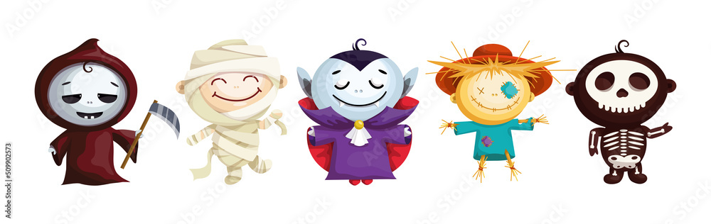 Set of cute characters in Halloween costumes.Cartoon vector graphics ...