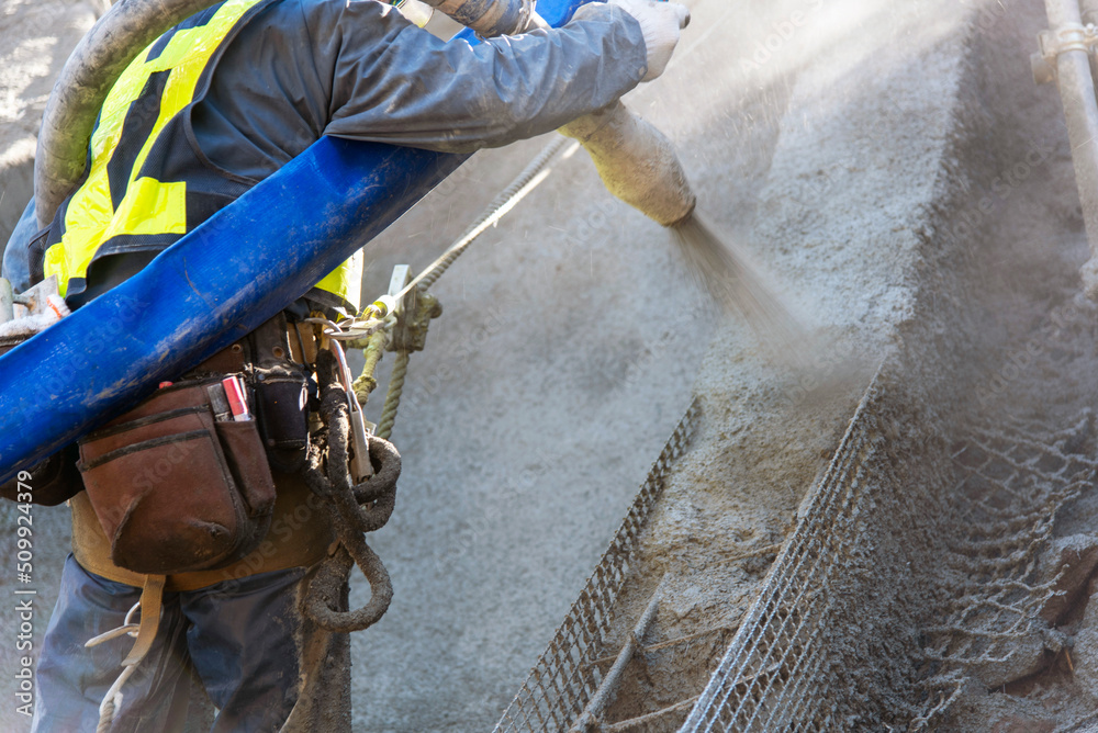 Japanese slope protection work "free frame method", spraying mortar on ...