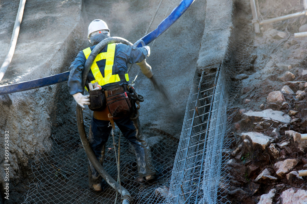 Japanese slope protection work "free frame method", spraying mortar on ...