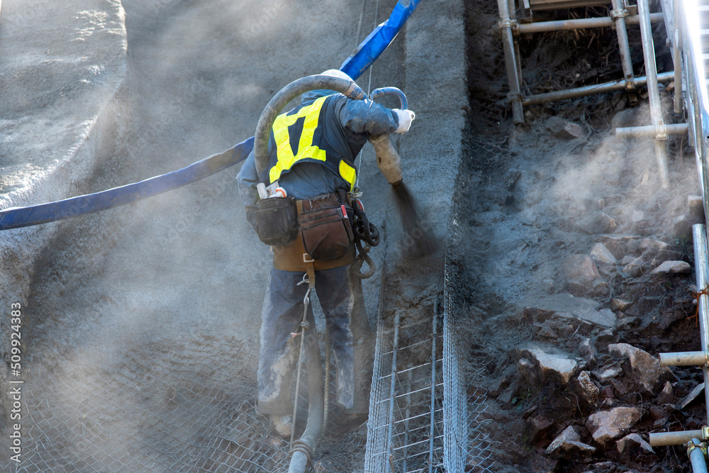 Japanese slope protection work "free frame method", spraying mortar on ...