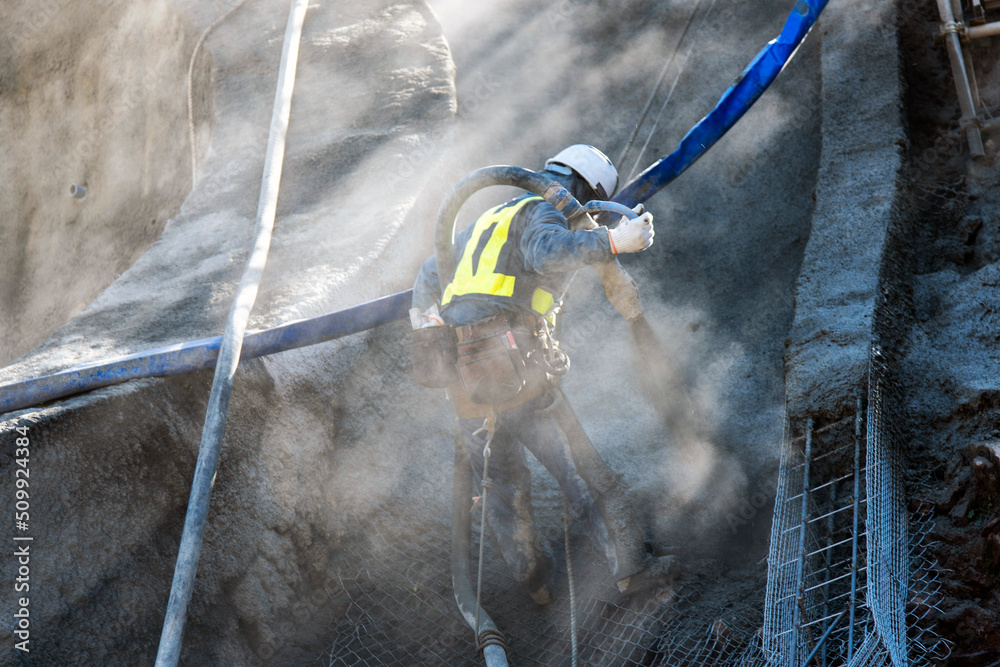 Japanese slope protection work "free frame method", spraying mortar on ...