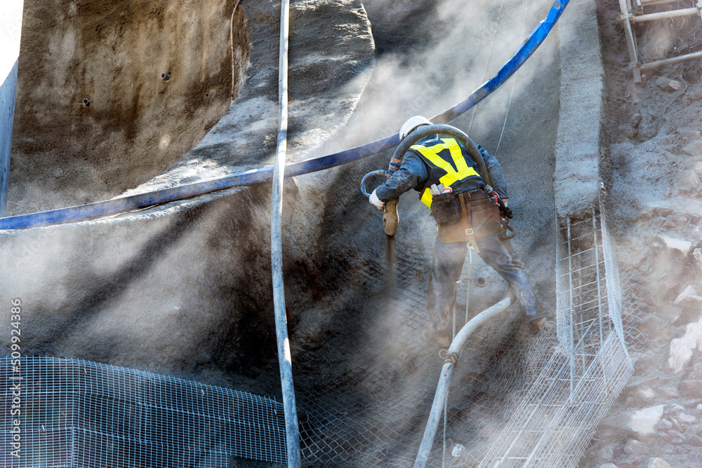 Japanese slope protection work "free frame method", spraying mortar on ...
