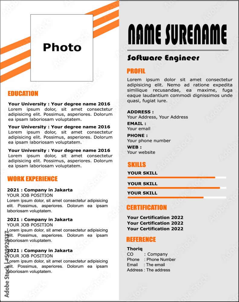 simple orange resume cv template design Stock Vector | Adobe Stock
