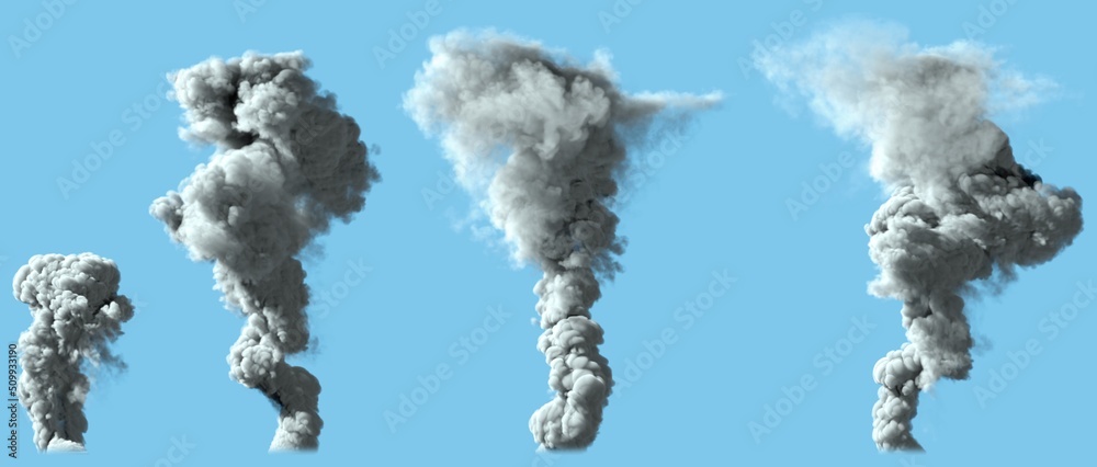 4 images of dense white smoke column as from volcano or big industrial ...