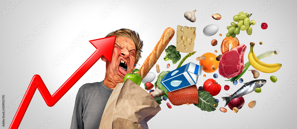 Consumer inflation pain and rising food cost or grocery prices surging ...