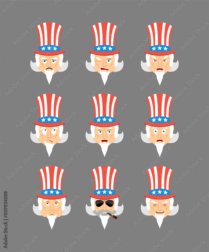 Uncle Sam set emoji avatar. sad and angry face. guilty and sleeping ...