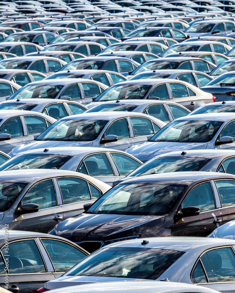 Rows of a new cars parked in a distribution center on a car factory ...