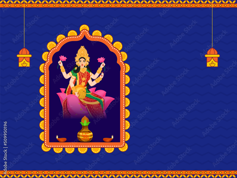 Wealth Goddess Lakshmi Character With Traditional Pot (Kalash), Lit Oil ...