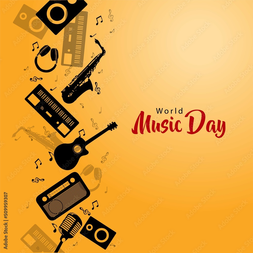 happy world music day and musical instruments with yellow background ...