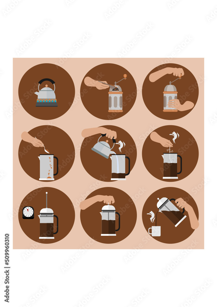 Editable French Press Coffee Brewing Instruction Vector Illustration ...