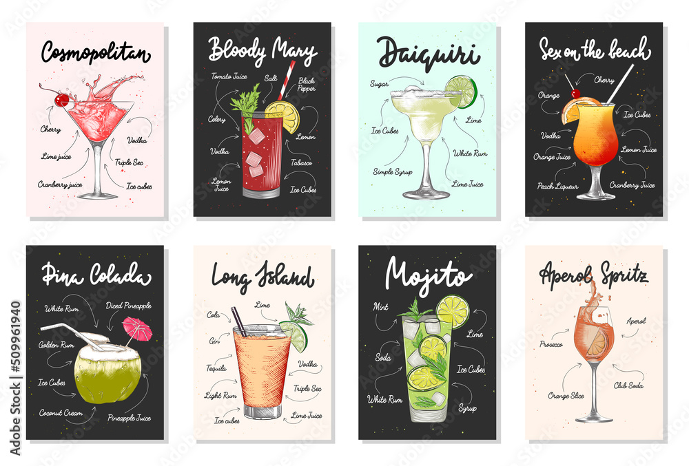 Set of 8 advertising recipe lists with alcoholic drinks, cocktails and ...