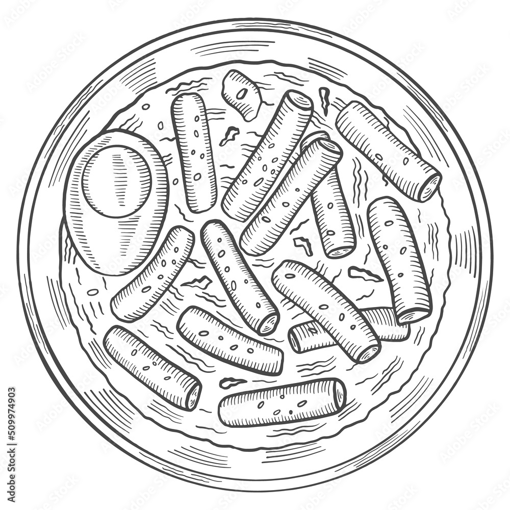 Tteokbokki Korea Or Korean Cuisine Traditional Food Isolated Doodle 